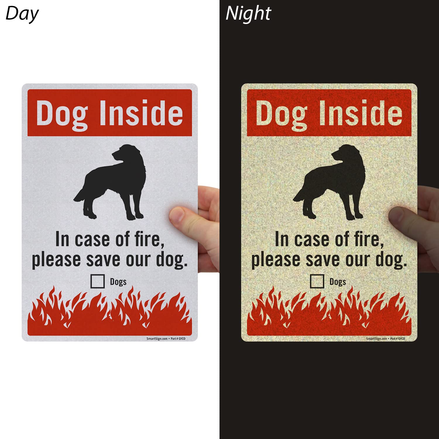 SmartSign (Pack of 3) “Dog Inside - in Case of Fire Please Save Our Dog” Pet Rescue Label Set, One 3.75"x5.5" & Two 2.75"x4" - Engineer Grade Reflective Decals, Red, Black and White, Made in USA