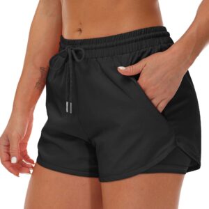 Mancreda Women's Running Shorts with Liner 3 Zipper Pockets Elastic Workout Athletic Gym Yoga Shorts(BK,M) Black