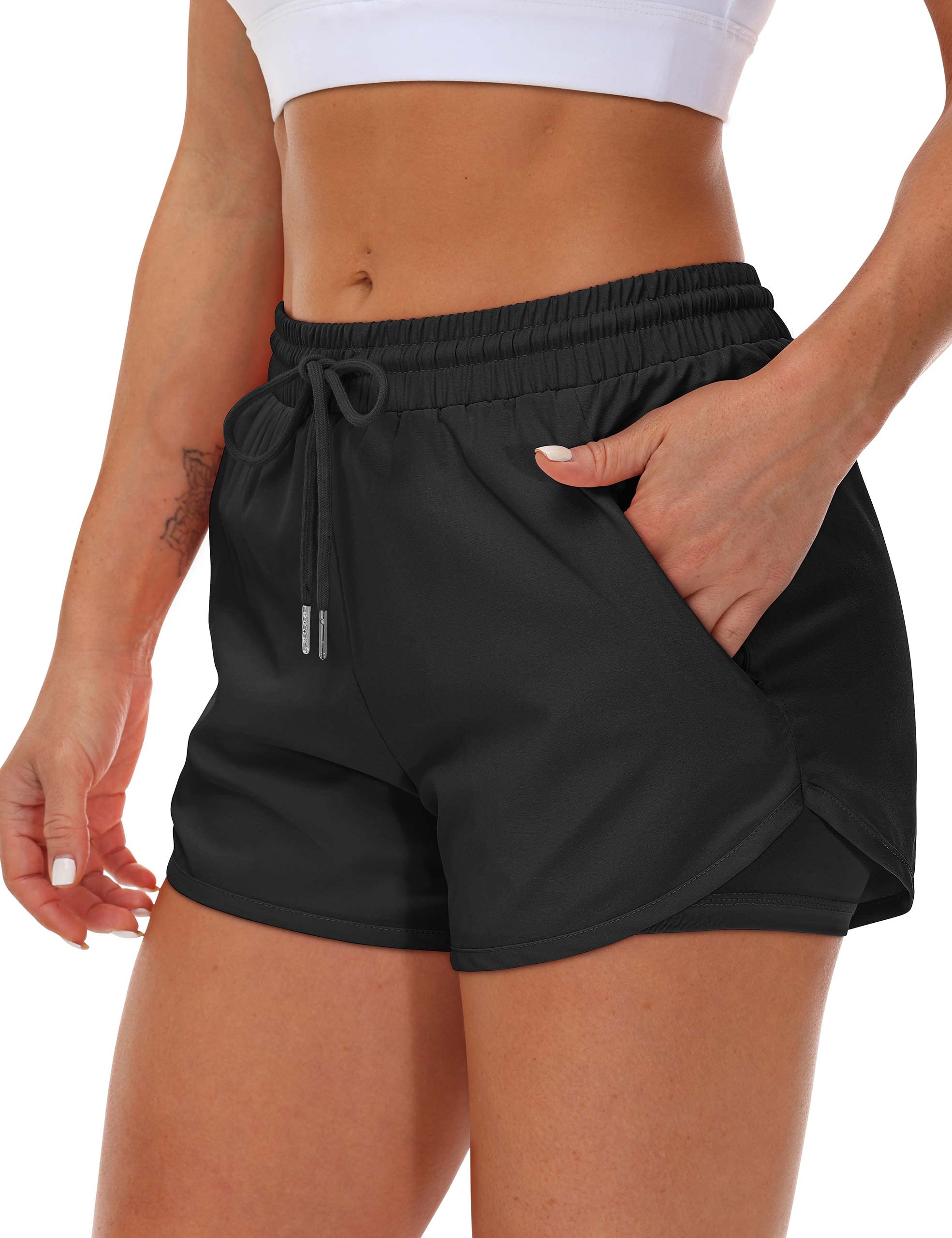 Mancreda Women's Running Shorts with Liner 3 Zipper Pockets Elastic Workout Athletic Gym Yoga Shorts(BK,M) Black