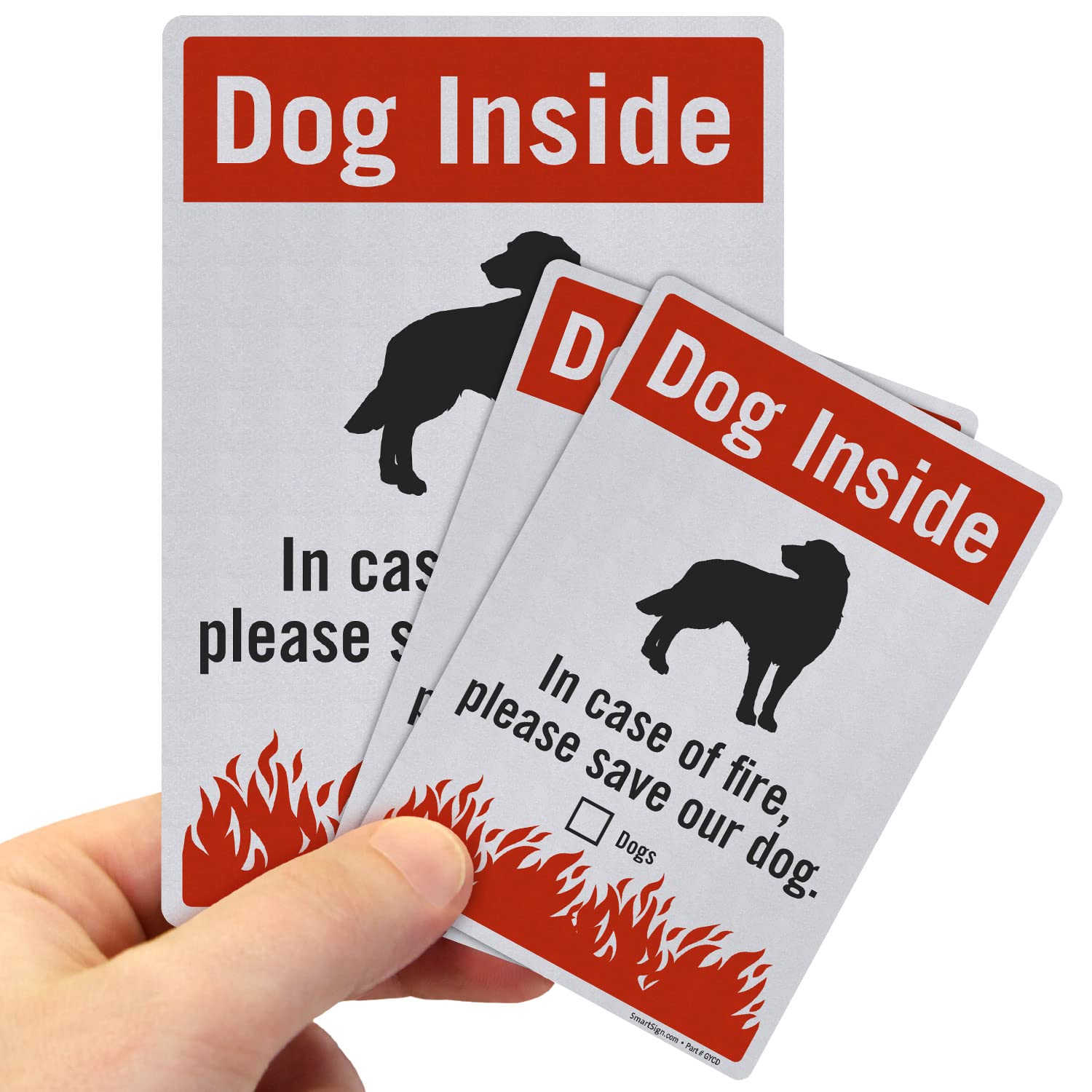 SmartSign (Pack of 3) “Dog Inside - in Case of Fire Please Save Our Dog” Pet Rescue Label Set, One 3.75"x5.5" & Two 2.75"x4" - Engineer Grade Reflective Decals, Red, Black and White, Made in USA