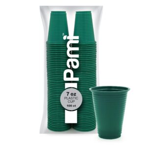 pami colorful 7oz plastic party cups [pack of 100] - disposable drinking glasses bulk- bpa-free colored cups for iced tea, jello, punch, cocktails, shots & cold drinks- throw-away green plastic cups