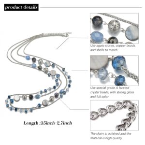 Noessla Layered Long Necklaces for Women Crystal Beaded Statement Necklace Sweater Silver Chain with Gifts Box Jewelry(Blue)