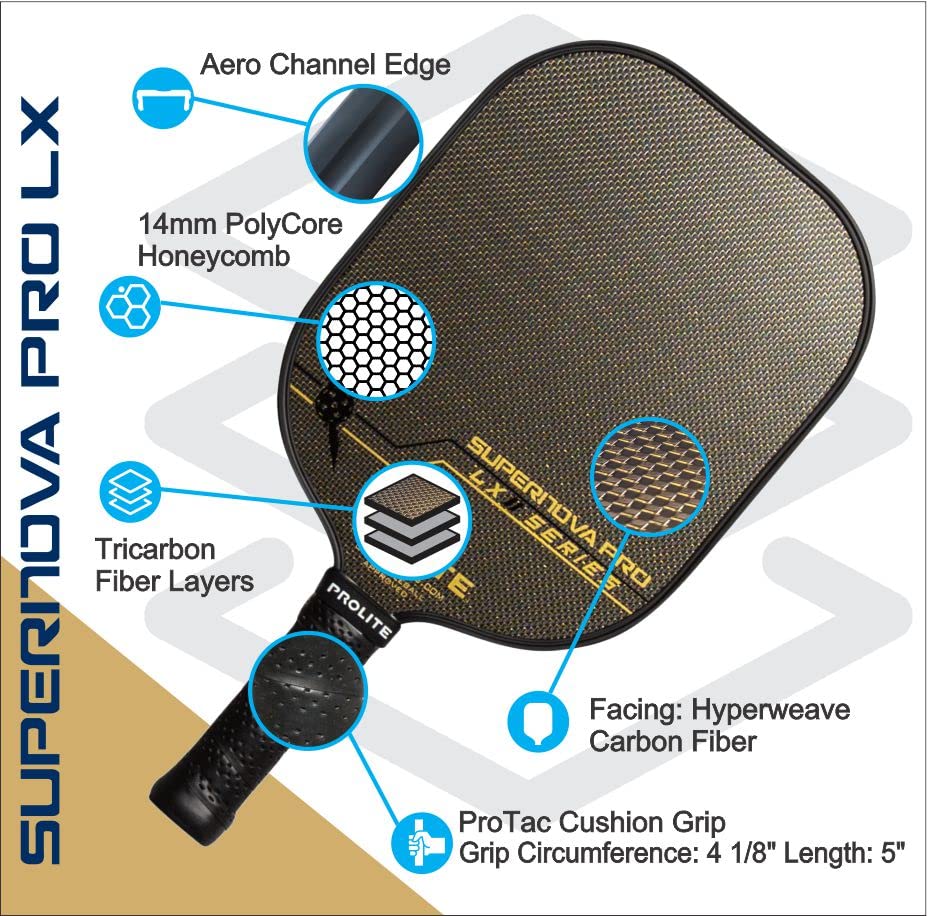 PROLITE LX Series Pickleball Paddles | Hyperweave Carbon Fiber Pickleball Paddle | 14mm Poly Core | Pickleball Rackets Made in The USA Since 1984 (Supernova Pro LX, Silver Fibers)