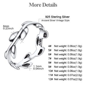 FOCALOOK Womens Vintage 925 Sterling Silver Ring Platinum Plated Olive Leaf Branch Flower Vine Promise Stacking Band Ring (Size 6)