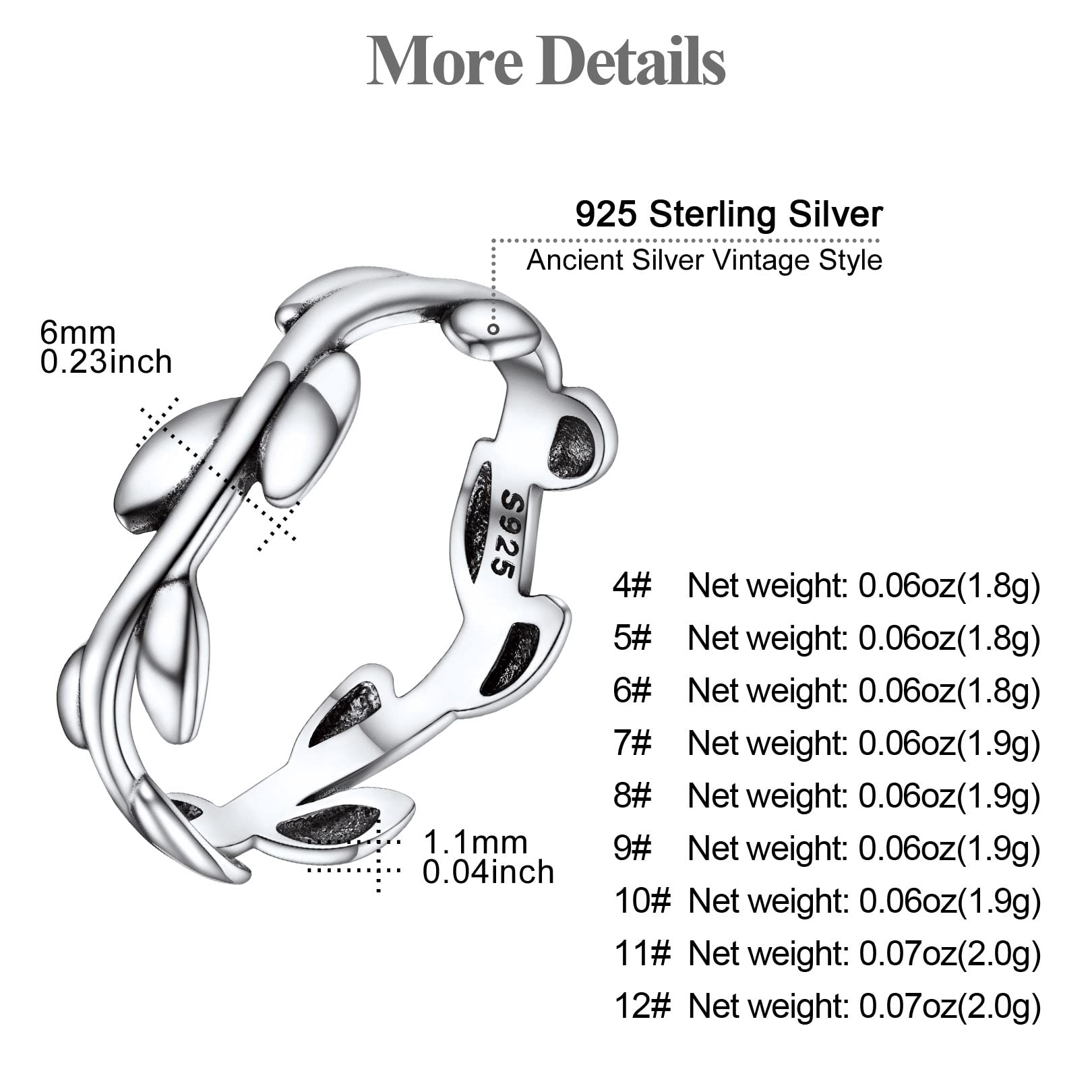 FOCALOOK Womens Vintage 925 Sterling Silver Ring Platinum Plated Olive Leaf Branch Flower Vine Promise Stacking Band Ring (Size 6)