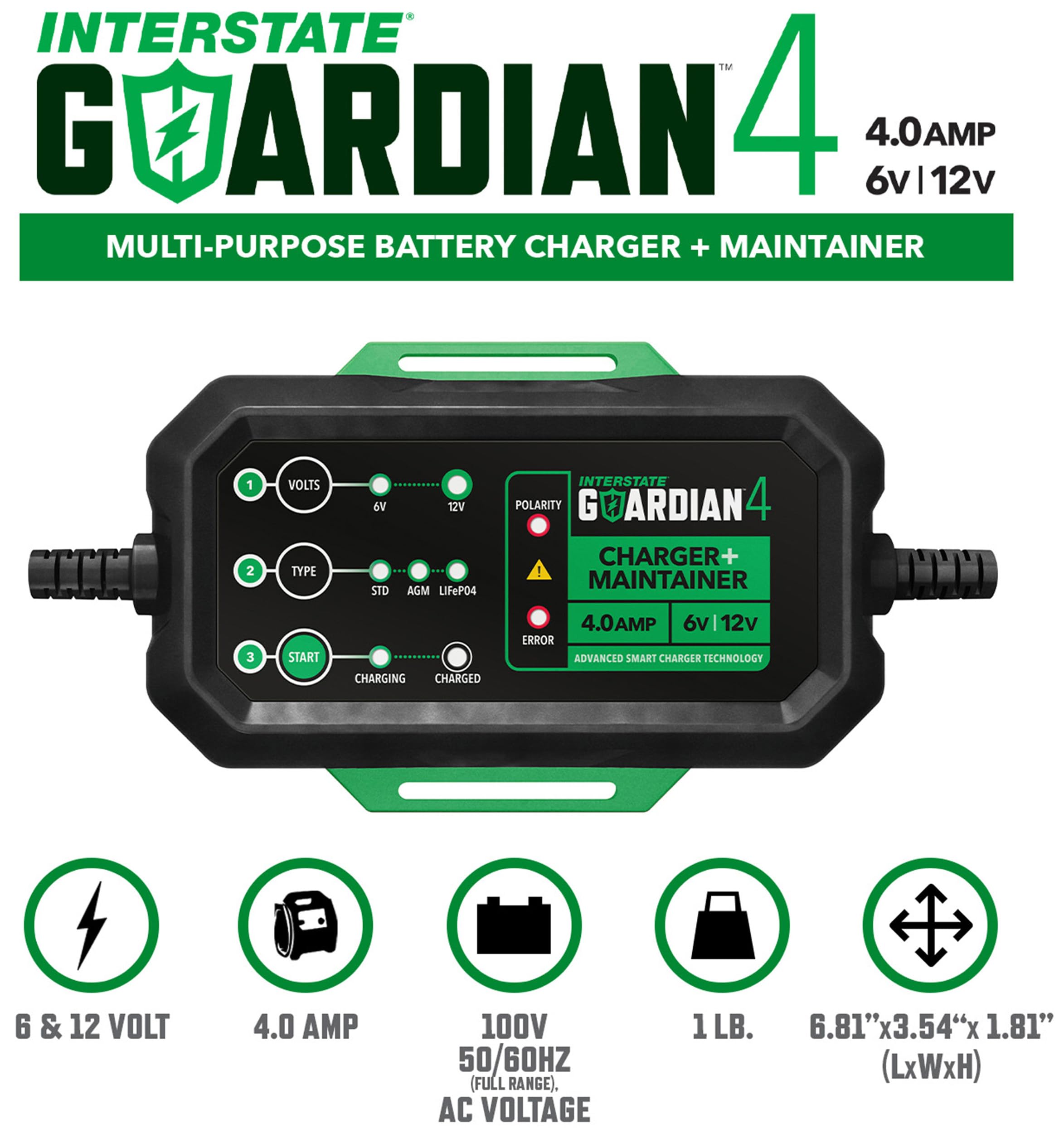 Interstate Batteries 12V, 6V Battery Charger & Maintainer (12V and 6V, 4.0A) Portable, Automatic, Trickle Charging for LiFePO4, Deep-Cycle, Automotive, AGM, Powersports, Boats (CHGIB40)