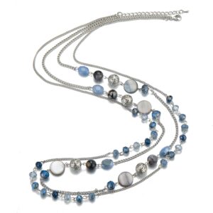 Noessla Layered Long Necklaces for Women Crystal Beaded Statement Necklace Sweater Silver Chain with Gifts Box Jewelry(Blue)