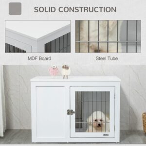 PawHut Dog Crate Furniture Wire Indoor Pet Kennel Cage, End Table with Double Doors, Locks for Small and Medium Dog House, White