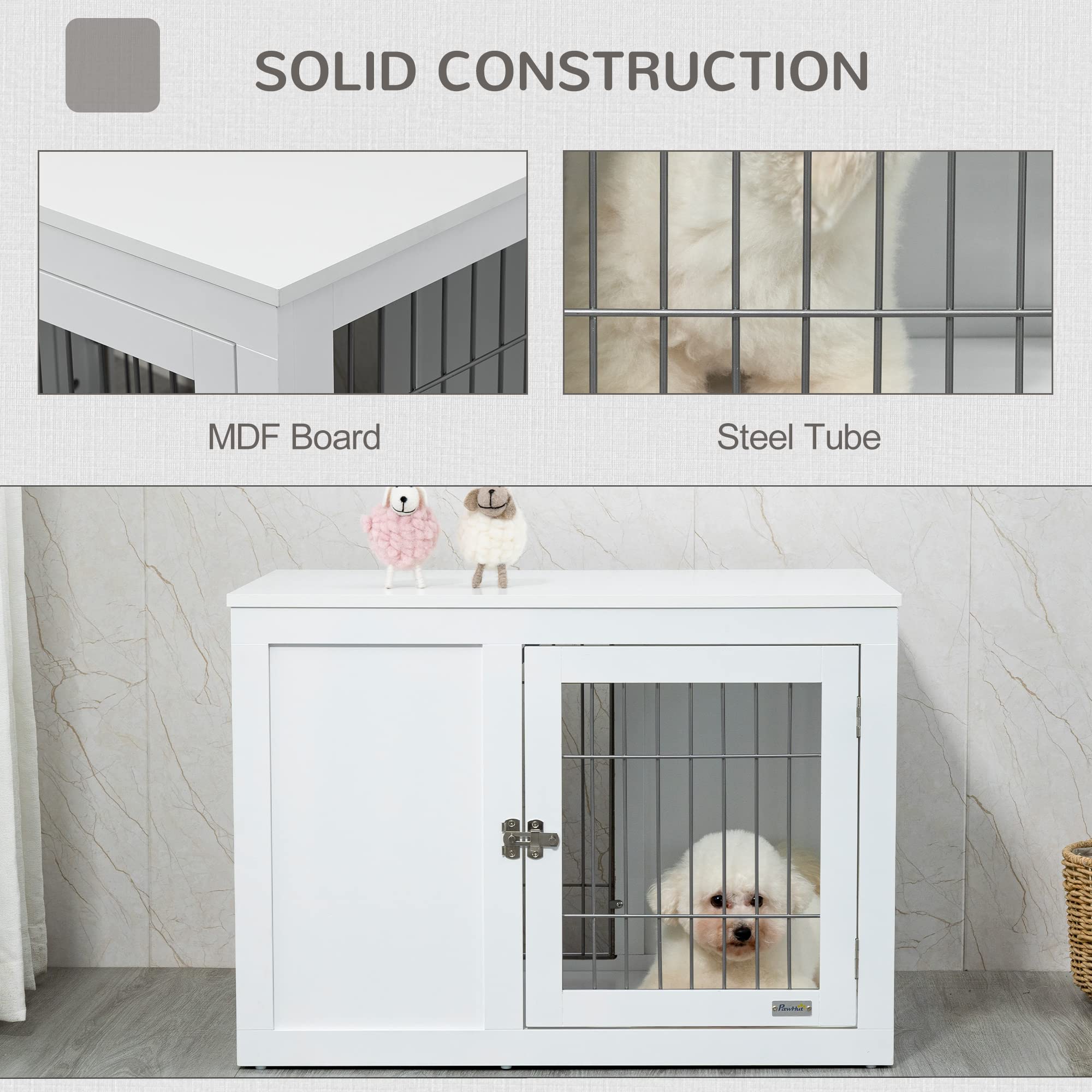 PawHut Dog Crate Furniture Wire Indoor Pet Kennel Cage, End Table with Double Doors, Locks for Small and Medium Dog House, White