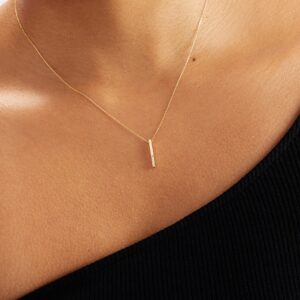 Diamond Bar Necklace for Women | 14k Real Gold Vertical Bar Necklaces | 14k Gold Long Bar Pendant Necklace | Delicate Diamond Jewelry | Gifts for Christmas, 18"