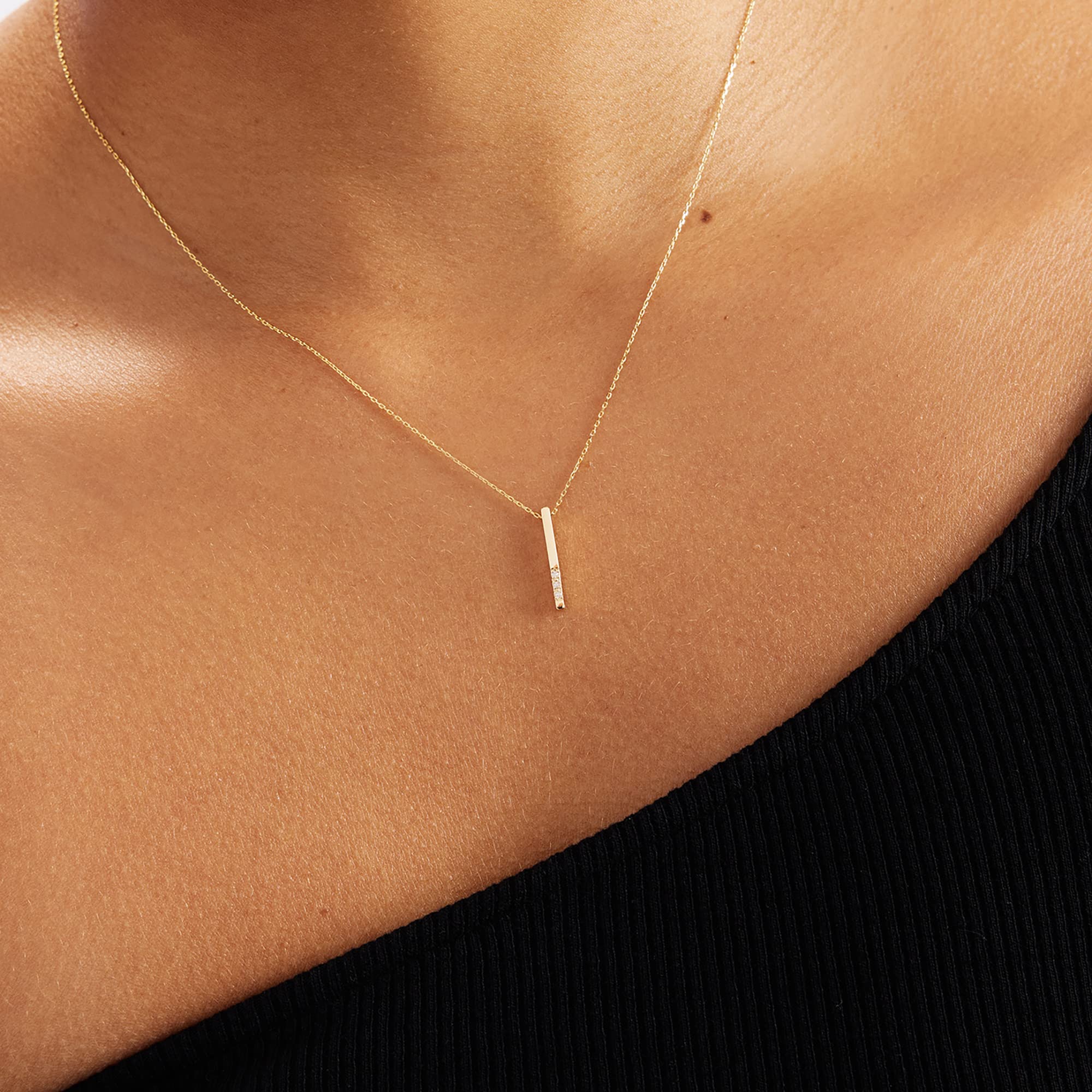 Diamond Bar Necklace for Women | 14k Real Gold Vertical Bar Necklaces | 14k Gold Long Bar Pendant Necklace | Delicate Diamond Jewelry | Gifts for Christmas, 18"