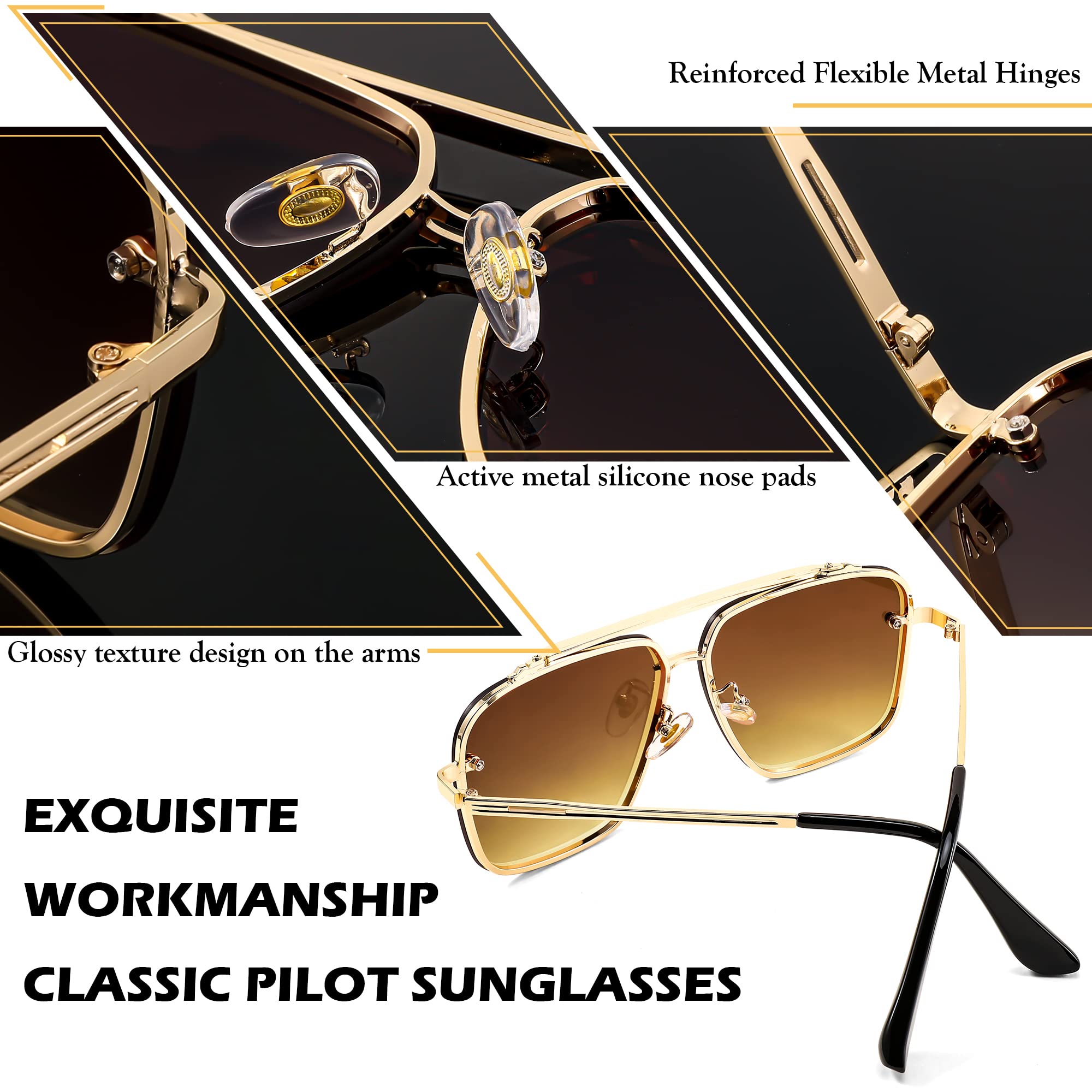 FEISEDY Sunglasses, Fashion Square Pilot Sunglasses, Vintage Metal Gradient Glasses for Men and Women, B4104