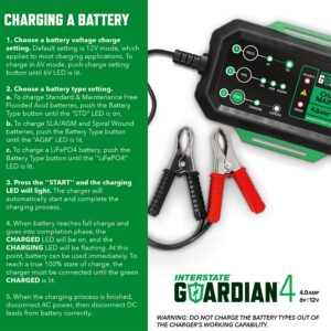 Interstate Batteries 12V, 6V Battery Charger & Maintainer (12V and 6V, 4.0A) Portable, Automatic, Trickle Charging for LiFePO4, Deep-Cycle, Automotive, AGM, Powersports, Boats (CHGIB40)