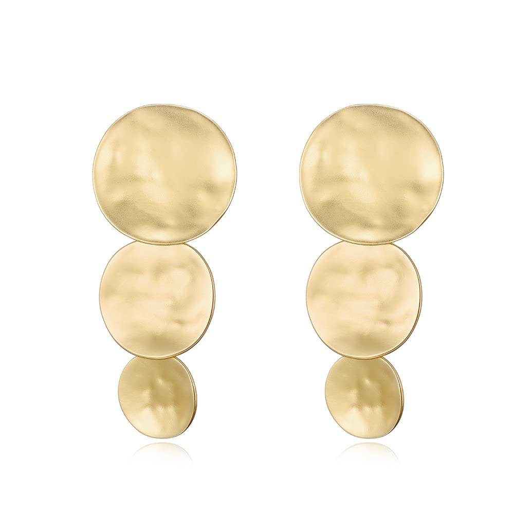 Matte Gold Discs Clip On Earrings for Women 3 Discs Long Drop Clip Earrings for Women