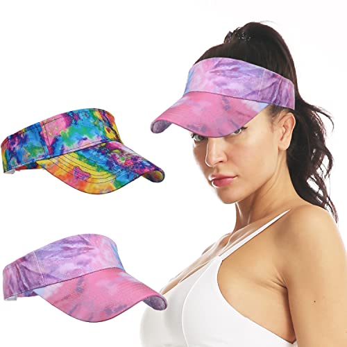 2PCS Sun Visors Hats for Women & Men Adjustable Sports Caps for Golf Running Summer Beach (Tiedye Green+Pink)