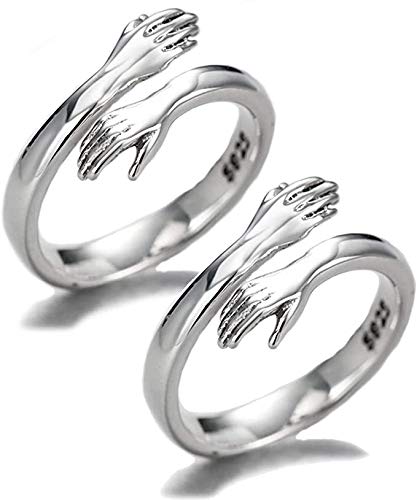 Enthana 2 PCS Couple Hugging Rings, Adjustable 925 Sterling Silver Hug Rings for Couple Women Men Jewelry (silver)