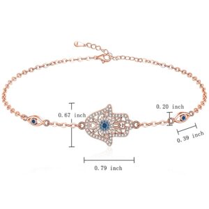 Hamsa Hand Evil Eye Bracelet for Women Rose Gold Sterling Silver Dainty Cute Crystal Round Blue Evil Eye Fatima Bracelets