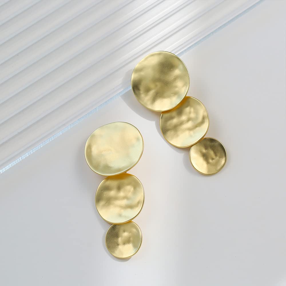 Matte Gold Discs Clip On Earrings for Women 3 Discs Long Drop Clip Earrings for Women