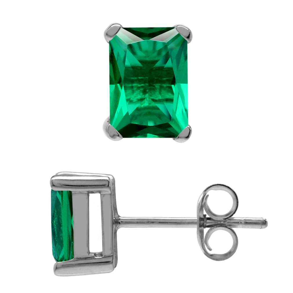 Silvershake 1.5 CTW 7x5 mm Octagon Created Nano Green Emerald 925 Sterling Silver Stud Post Earrings Jewelry for Women