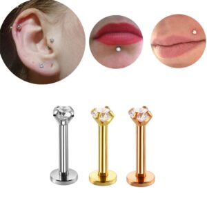 3Pairs 18g Round CZ Labret Cartilage Tragus Monroe Lip Nose Helix Studs Earrings for Women Men Stainless Steel Cubic Zirconia Huggie Stud Fashion Piercing Jewelry Gifts (gold)