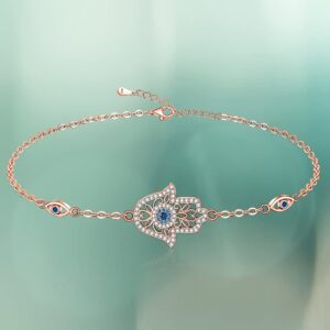 Hamsa Hand Evil Eye Bracelet for Women Rose Gold Sterling Silver Dainty Cute Crystal Round Blue Evil Eye Fatima Bracelets