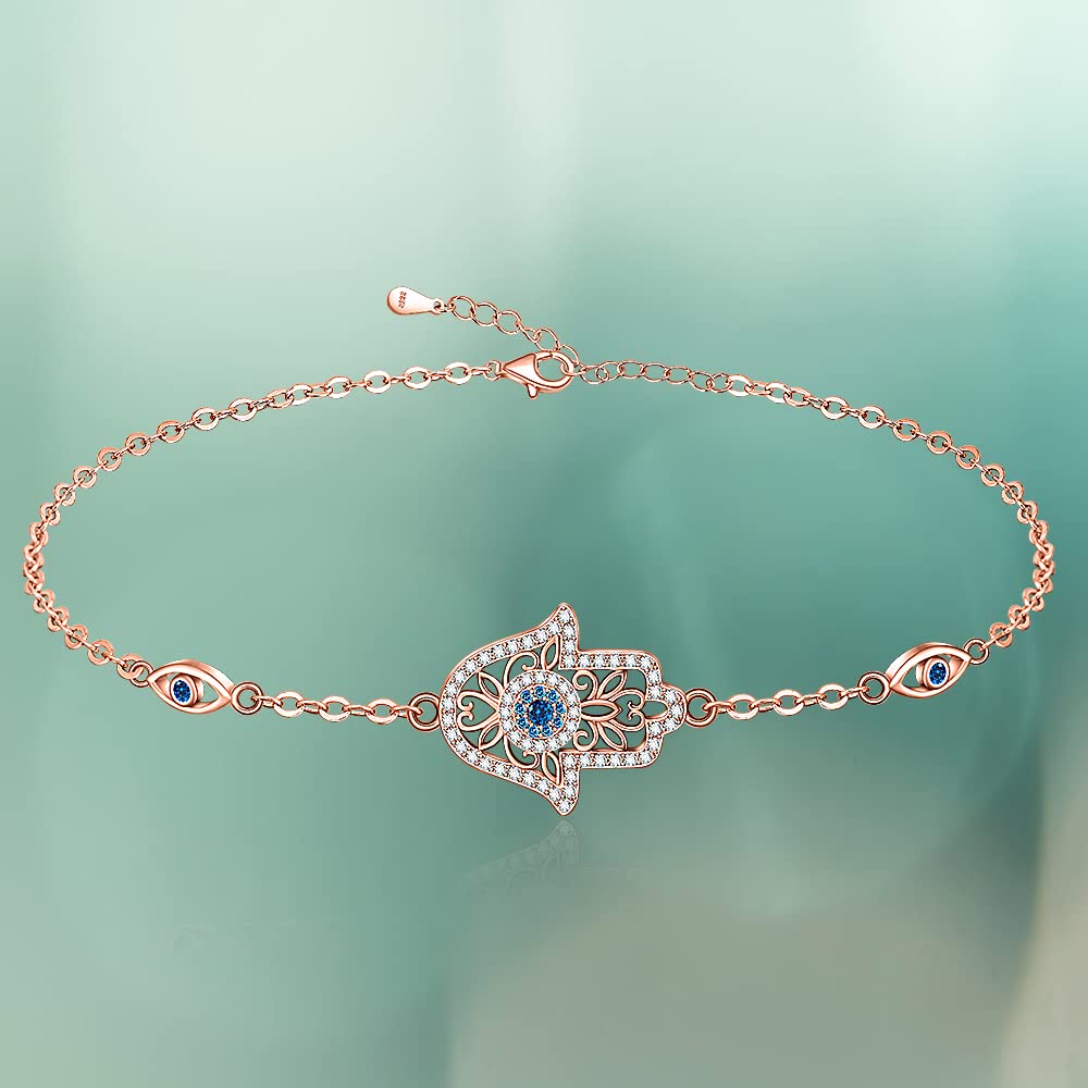 Hamsa Hand Evil Eye Bracelet for Women Rose Gold Sterling Silver Dainty Cute Crystal Round Blue Evil Eye Fatima Bracelets