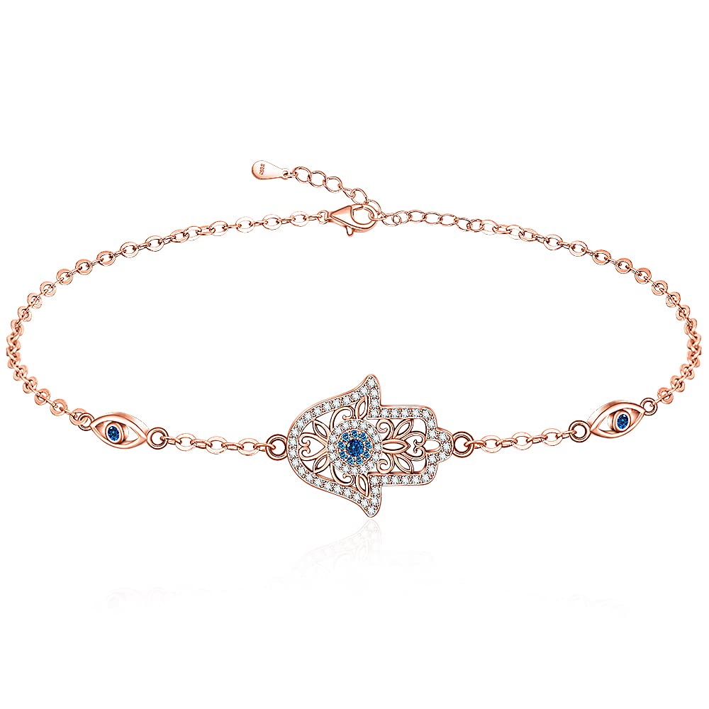 Hamsa Hand Evil Eye Bracelet for Women Rose Gold Sterling Silver Dainty Cute Crystal Round Blue Evil Eye Fatima Bracelets