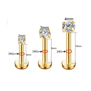 3Pairs 18g Round CZ Labret Cartilage Tragus Monroe Lip Nose Helix Studs Earrings for Women Men Stainless Steel Cubic Zirconia Huggie Stud Fashion Piercing Jewelry Gifts (gold)