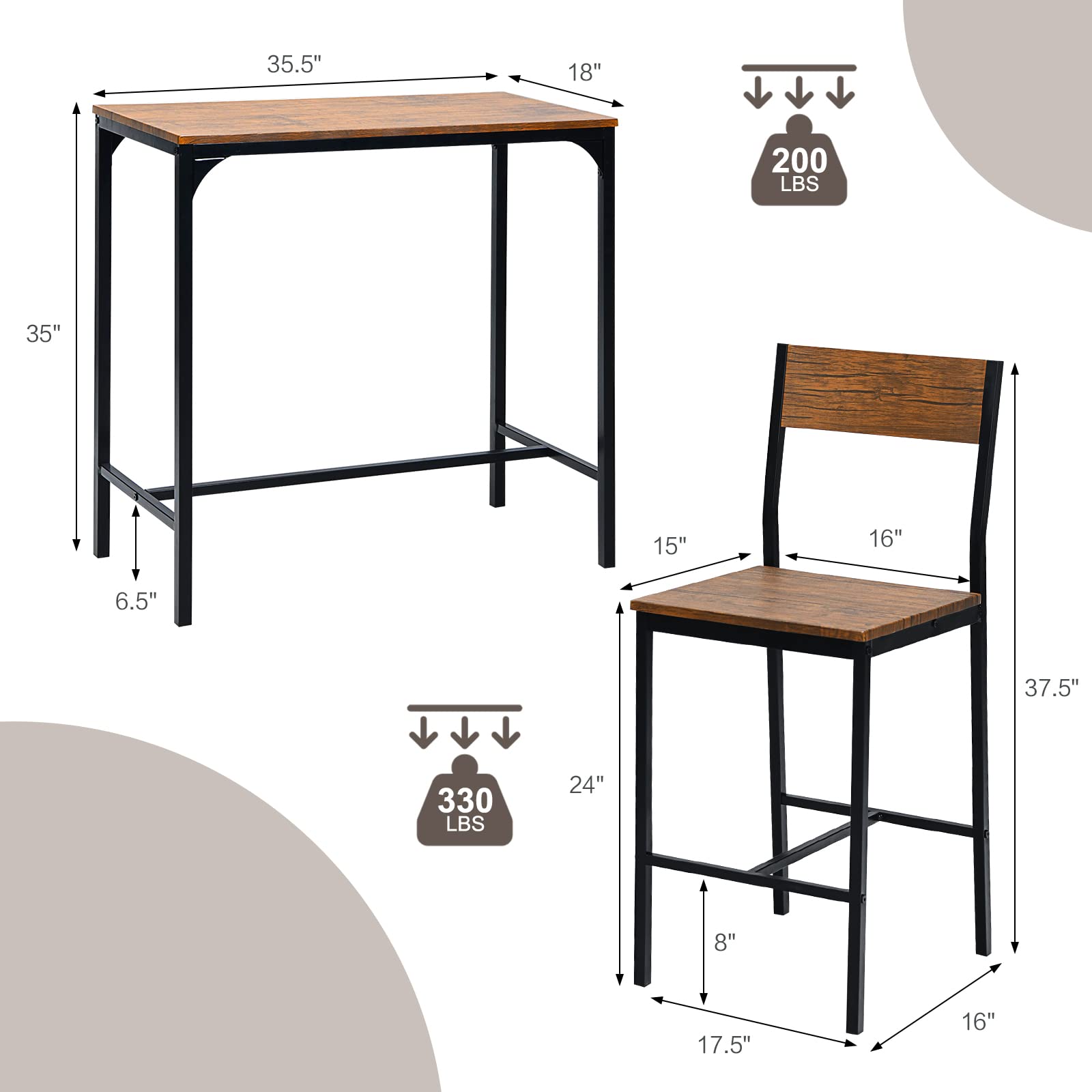 COSTWAY 3 Pieces Bar Table Set, Pub Table Set W/Heavy Duty Steel Frame, Modern Industrial-Style Table & Chair Set for Kitchen, Dining Room, Breakfast Nook, Bistro, Easy Assembly