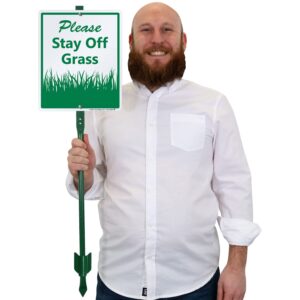 SmartSign 12 x 10 inch “Please Stay Off Grass” LawnBoss Yard Sign with 3 foot Stake, 40 mil Laminated Rustproof Aluminum, Green and White, Set of 1, Made in USA