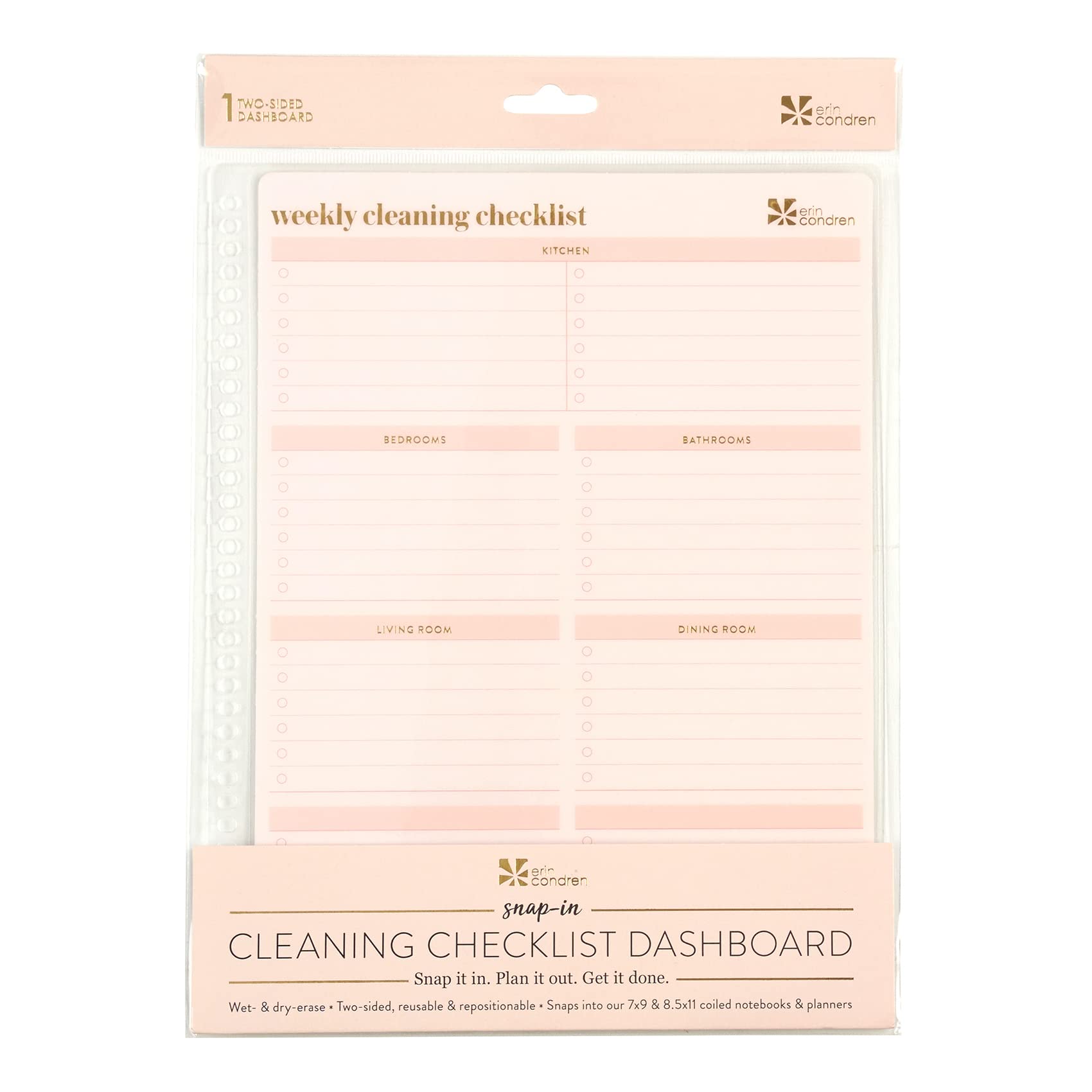 Cleaning Snap-in Dashboard. Wet Erase and Double Sided Layout. Gold Metallic Accents. 7" x 9". Fits All Erin Condren Notebooks and Planners 7" x 9" or Larger.