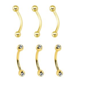 6 pc 14k yellow gold plated ball or cz curved barbell eyebrow ring 16g 5/16"