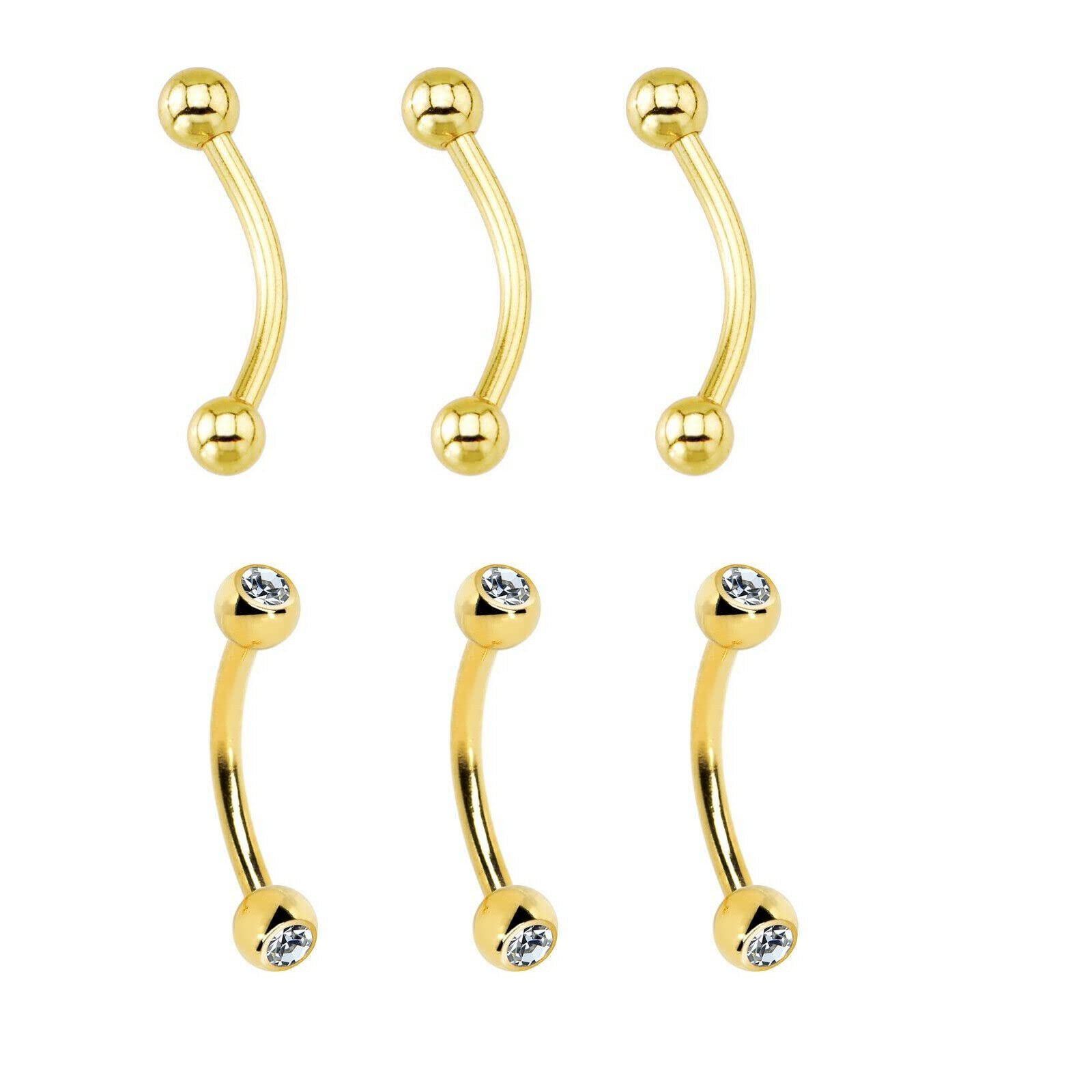 6 Pc 14K Yellow Gold Plated Ball Or CZ Curved Barbell Eyebrow Ring 16g 5/16"