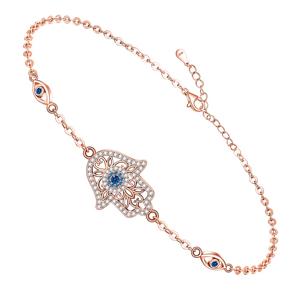 Hamsa Hand Evil Eye Bracelet for Women Rose Gold Sterling Silver Dainty Cute Crystal Round Blue Evil Eye Fatima Bracelets