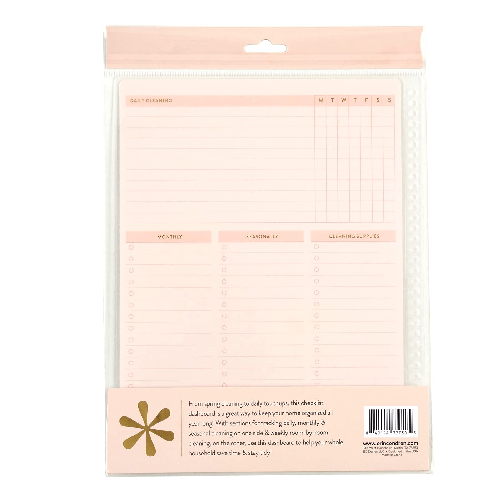 Cleaning Snap-in Dashboard. Wet Erase and Double Sided Layout. Gold Metallic Accents. 7" x 9". Fits All Erin Condren Notebooks and Planners 7" x 9" or Larger.