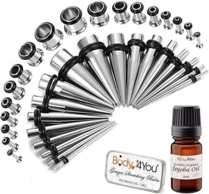 bodyj4you 38pc gauges kit ear stretching jojoba oil wax 14g-00g surgical steel tunnel plug taper set