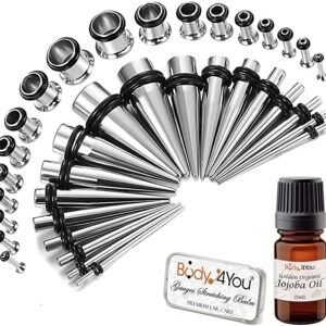 BodyJ4You 38PC Gauges Kit Ear Stretching Jojoba Oil Wax 14G-00G Surgical Steel Tunnel Plug Taper Set