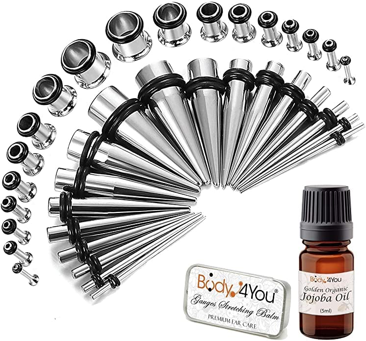 BodyJ4You 38PC Gauges Kit Ear Stretching Jojoba Oil Wax 14G-00G Surgical Steel Tunnel Plug Taper Set