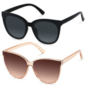 lyzoit oversized cat eye sunglasses for women big large cateye frame shades 2 pack fashion vintage sun glasses black clear brown