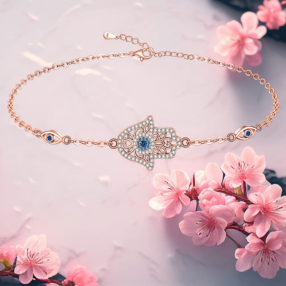 Hamsa Hand Evil Eye Bracelet for Women Rose Gold Sterling Silver Dainty Cute Crystal Round Blue Evil Eye Fatima Bracelets