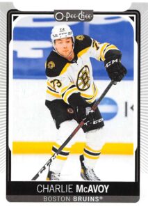 2021-22 o-pee-chee #267 charlie mcavoy boston bruins official nhl hockey card from upper deck in raw (nm or better) condition