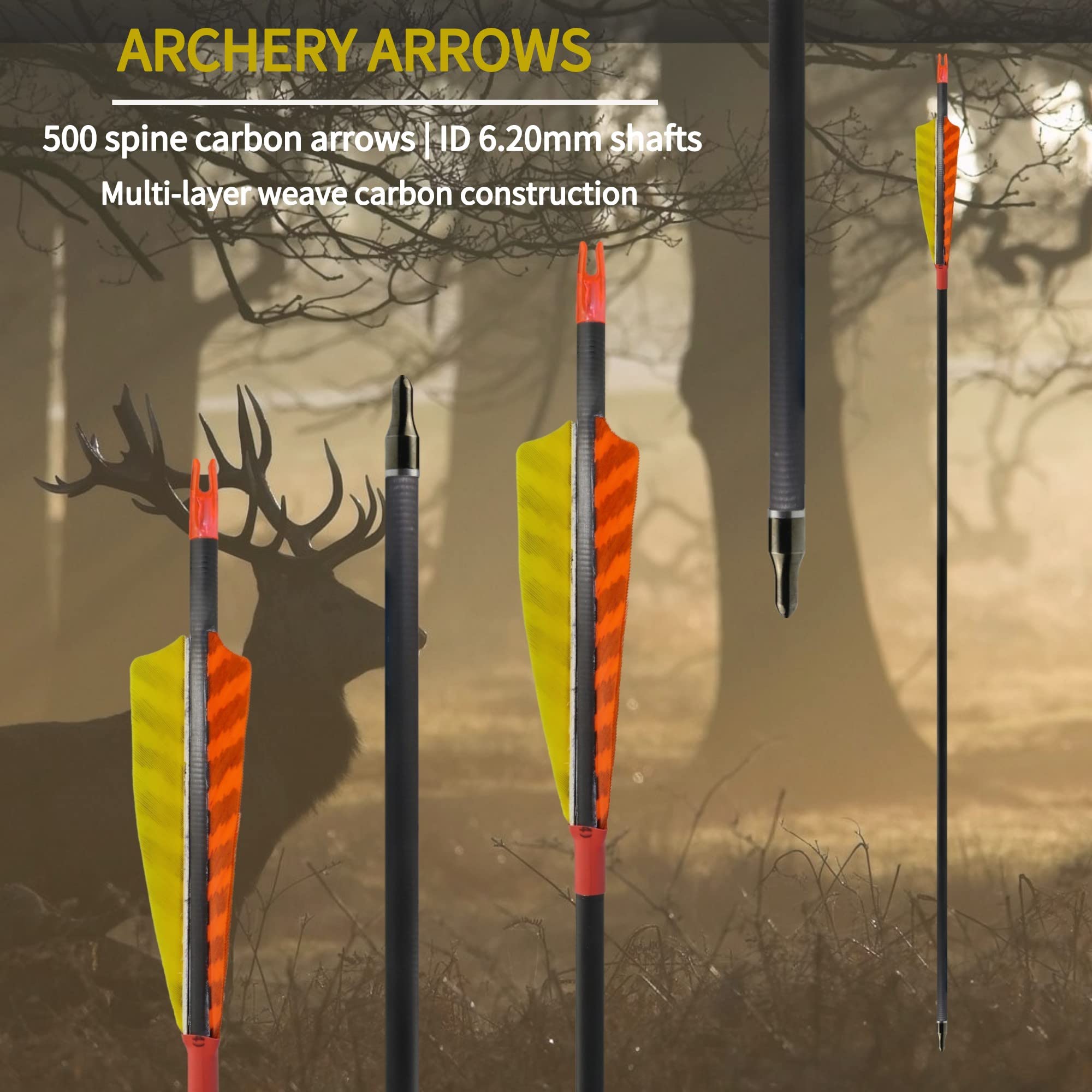 Hosolee 12 Pack Archery 500 Spine Carbon Arrows with Real Feathers and Removable Tips for Targeting Hunting Practice