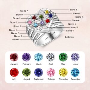 BAUMA AUTO Birthstone Rings for Women Custom 1-8 Birthstones & Names Heart Ring Tree of Life Jewelry Family Tree Rings for Mom Grandmother Wife (8 Stones)