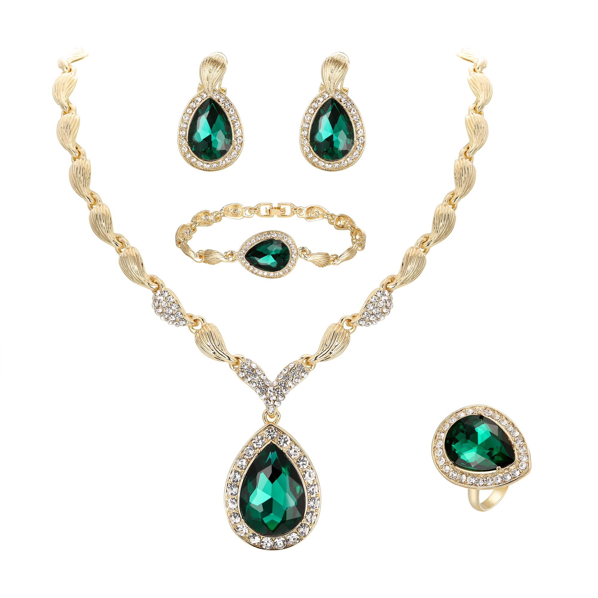 BriLove Womens Africa 18k Gold Plated Jewelry Set Crystal Petals Teardrop Cluster Bib Statement Necklace Bracelet Earrings Ring for Prom Emerald Color Gold-Toned