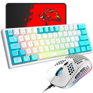 60% gaming keyboard and mouse combo samll mini rgb backlight mechanical feeling and mechanical rgb 6400 dpi honeycomb optical mouse,gaming mouse pad for gamers and typists (white & blue)