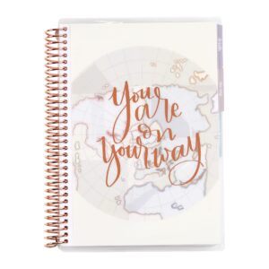 a5 spiral bound travel journal/vacation planner. track 14 days of travel. 3 tabbed sections. 160 pages of thick 80 lb. mohawk paper. sticker sheet included by erin condren.