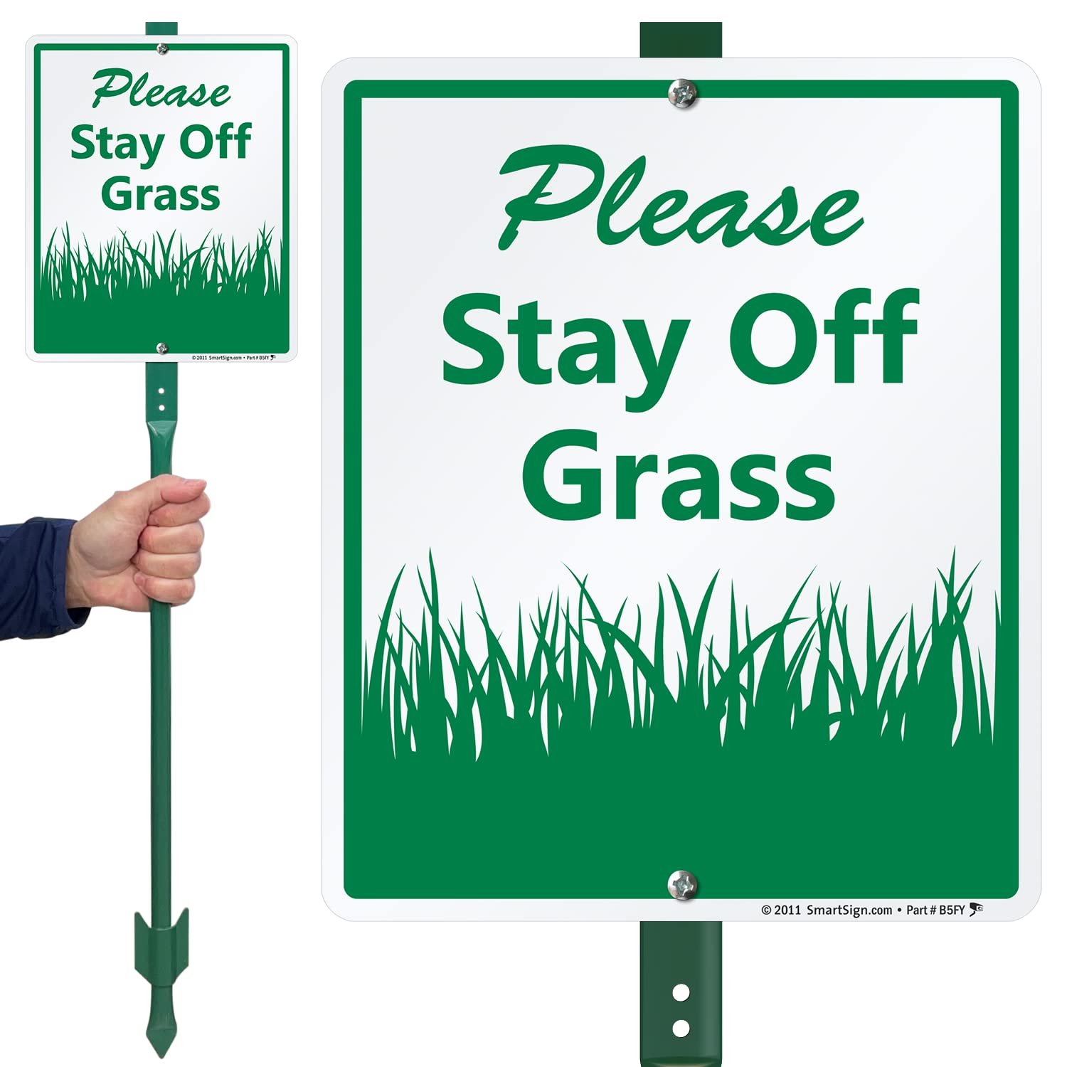 SmartSign 12 x 10 inch “Please Stay Off Grass” LawnBoss Yard Sign with 3 foot Stake, 40 mil Laminated Rustproof Aluminum, Green and White, Set of 1, Made in USA