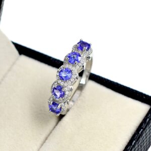 925 Sterling Silver Natural Blue Tanzanite 4 MM Round Cut Gemstone Women Jewelry Cluster Proposal Ring Wedding Ring Birthday Gift For Wife (Yellow Gold Rhodium Plated Silver, 6)