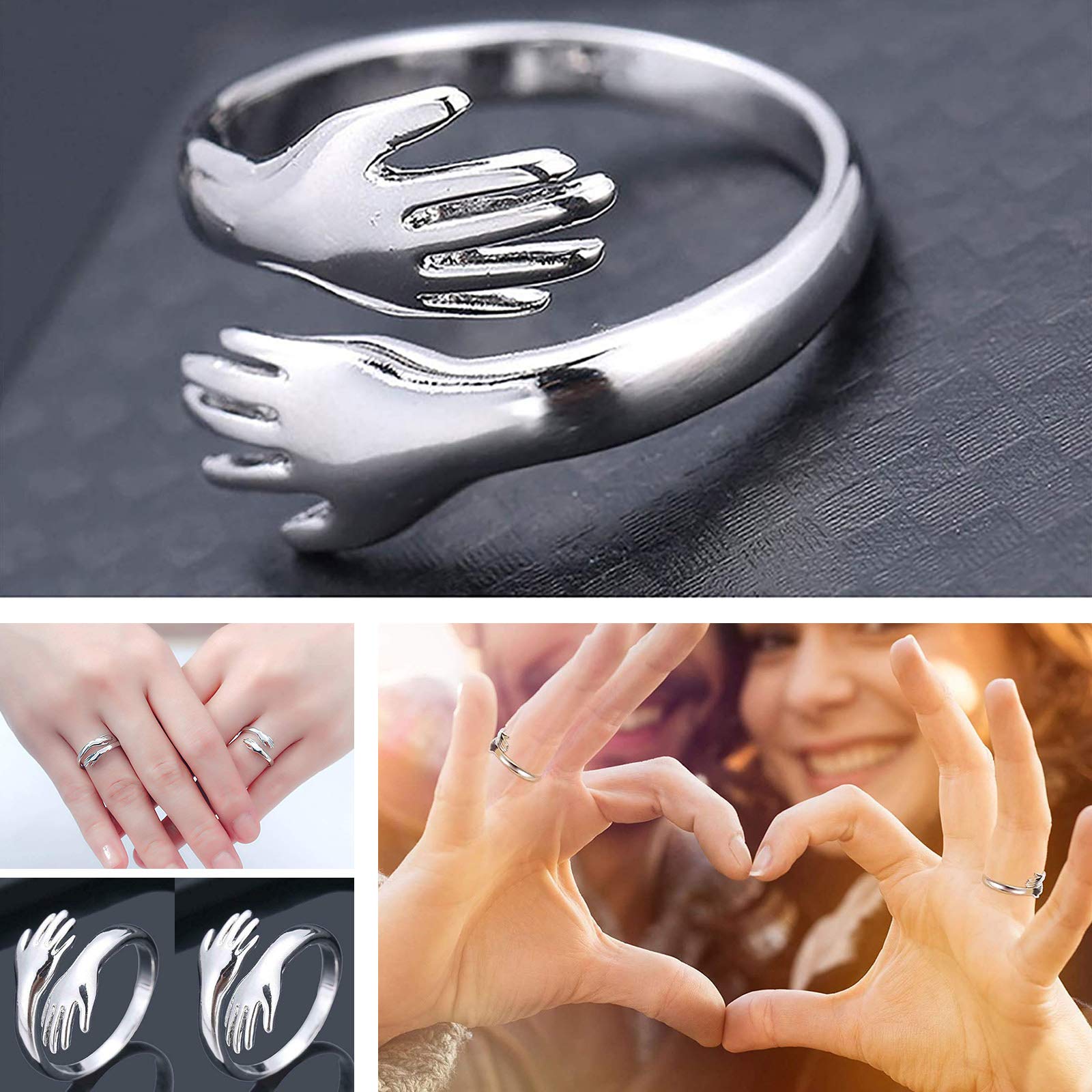 Enthana 2 PCS Couple Hugging Rings, Adjustable 925 Sterling Silver Hug Rings for Couple Women Men Jewelry (silver)