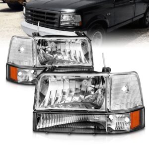 amerilite for 1992-1996 ford f150 f250 f350 bronco truck chrome replacement headlight assembly w/bumper corner lamp set - driver and passenger side